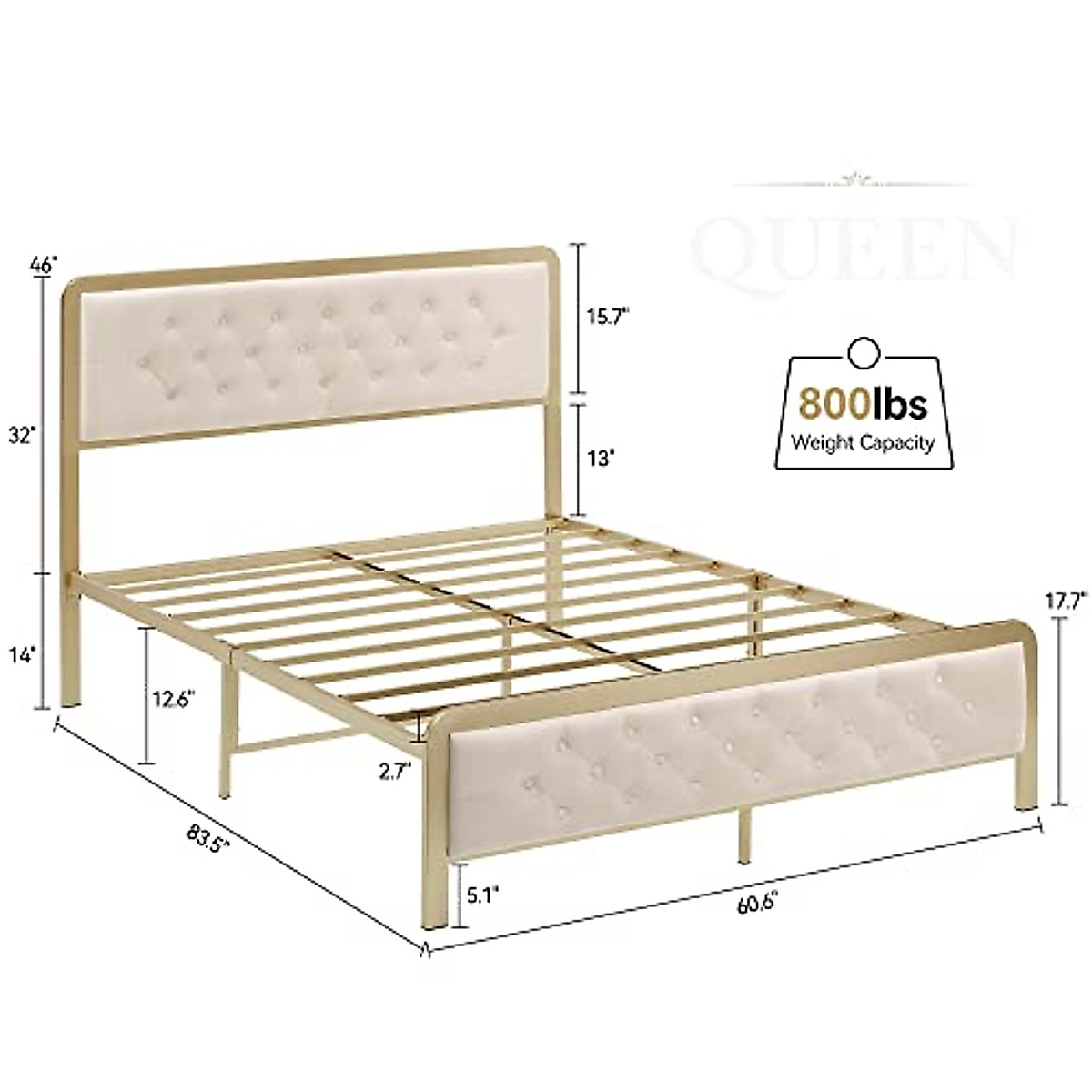 Amyove Golden Queen Size Bed Frame,Upholstered Bed Frame with Button Tufted Headboard,Heavy Duty Metal Easy Assembly,No Box Spring Needed (Beige, Queen)