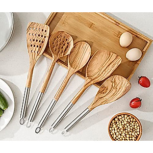 Olive Wooden Spoons for Cooking, NAYAHOSE 5 Pcs Cooking Utensils Set with Stainless Steel Handle, Heat-Resistant Olive Wood Spatulas for Non-Stick Pan