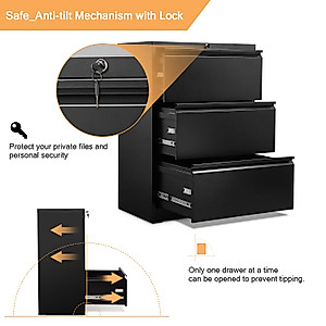 Aobabo 3 Drawer Lateral Steel File Organizing Cabinet with Locking System and Adjustbale Hanging Bars for Letter/Legal Size Paper, Black