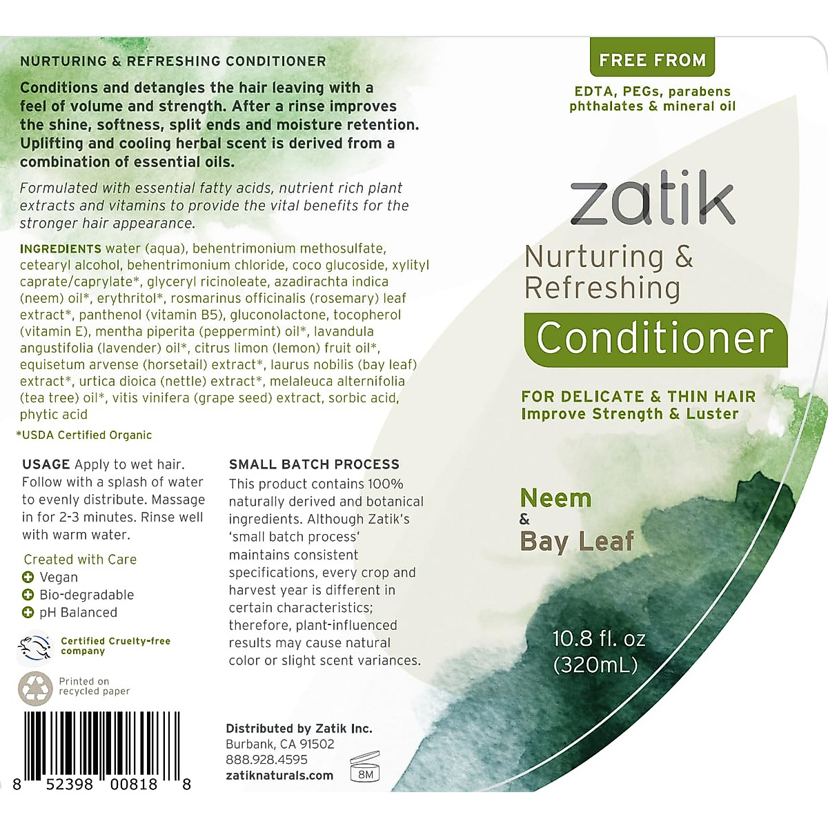 Zatik Naturals - Nurturing and Refreshing Conditioner with Neem and Bay Leaf, for Thinning hair, hair loss, Vegan, Bio-degradable, pH Balanced, FREE FROM EDTA, PEG, Parabens, fragrances, 10.8 fl oz.