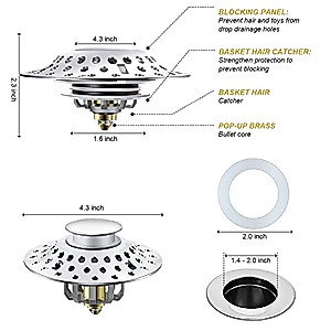 Yevheniys Bathtub Drain Plug, 2 in 1 Stopper & Hair Catcher, with Stainless Steel Filtered Pop-Up Filter for US Standard Bathtubs Hole Diameter (1.6-2.0 Inch)
