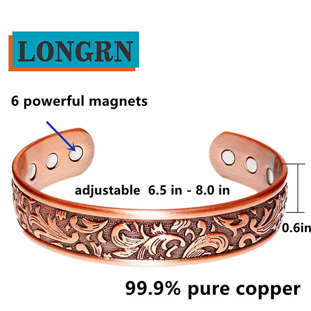 LONGRN-Copper bracelet used for Adjustable Size- a pure copper magnetic bracelet with 6 magnets for men