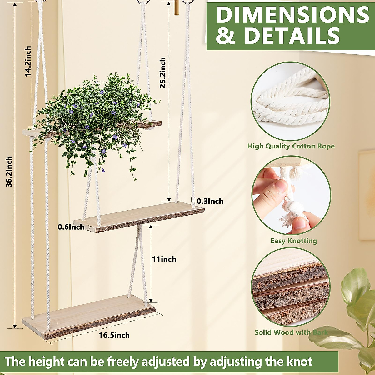 OriCre Floating Shelves Boho Wall Shelves 3 Tier Rustic Wood Hanging Shelves Adjustable Rope Shelf for Boho Aesthetic Room Decor Bedroom/Living Room/Bathroom/Kitchen/Corner/Plant,Book,Décor