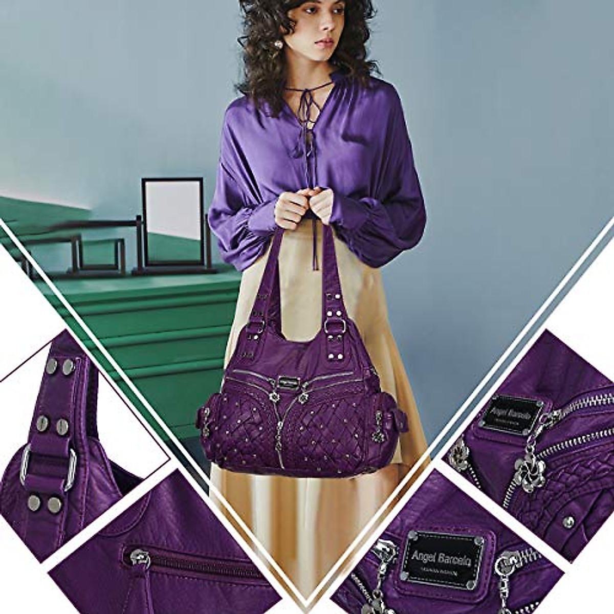 Angel Barcelo Roomy Fashion Hobo Womens Handbags Ladies Purse Satchel Shoulder Bags Tote Washed Leather Bag (Purple)