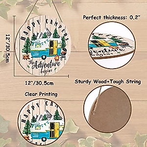 TOARTi Happy Campers Wood Hanging Sign Plaque, Summer Outdoor Adventure Quote Wooden Door Hanger, Round Tent Camping Wall Art for Campers Travel Home Garden Decor (12''x12'')
