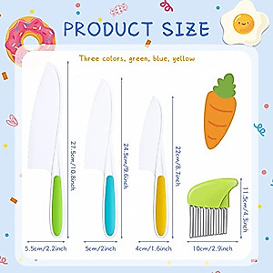 4 Pcs Kids Knife Toddler Safe Cutter Serrated Edges Set for Kitchen Cooking Plastic Children's Cooking Friendly Knife and Crinkle Cutter for Fruit Cake Food Vegetable (Green, Blue, Yellow)