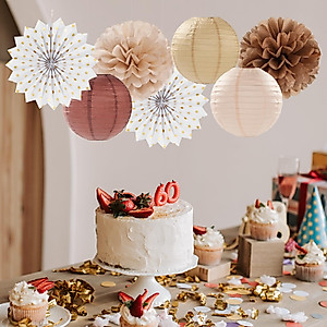 Boho Baby-Shower Party-Decorations Streamers-Lanterns - 14pcs White Brown Champagne Neutral Birthday Wedding Bridal Paper Fan,Tissue Pom Poms,Honeycomb Balls,Engagement Fall Christmas Decor Ouruola
