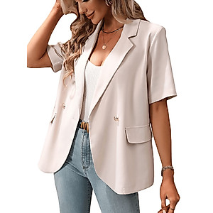 SweatyRocks Women's Casual Lapel Neck Pocket Blazer Short Sleeve Button Down Work Office Blazer Jacket Apricot L
