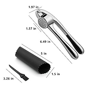 Garlic Press, Stainless Steel Garlic Press Tool with Cleaning Brush and Silicone Garlic Peeler 3 Pcs By Lechay