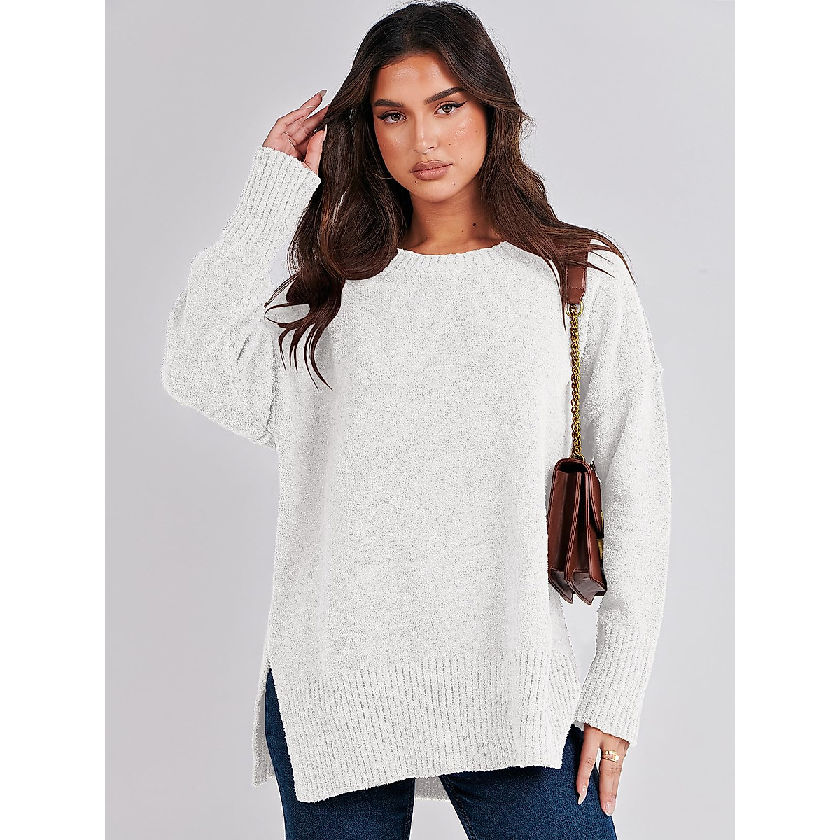 ANRABESS Women's 2024 Fall Oversized Long Sleeve Chunky Fuzzy Knit Casual Crewneck Warm Pullover Sweaters Top Trendy Outfits White