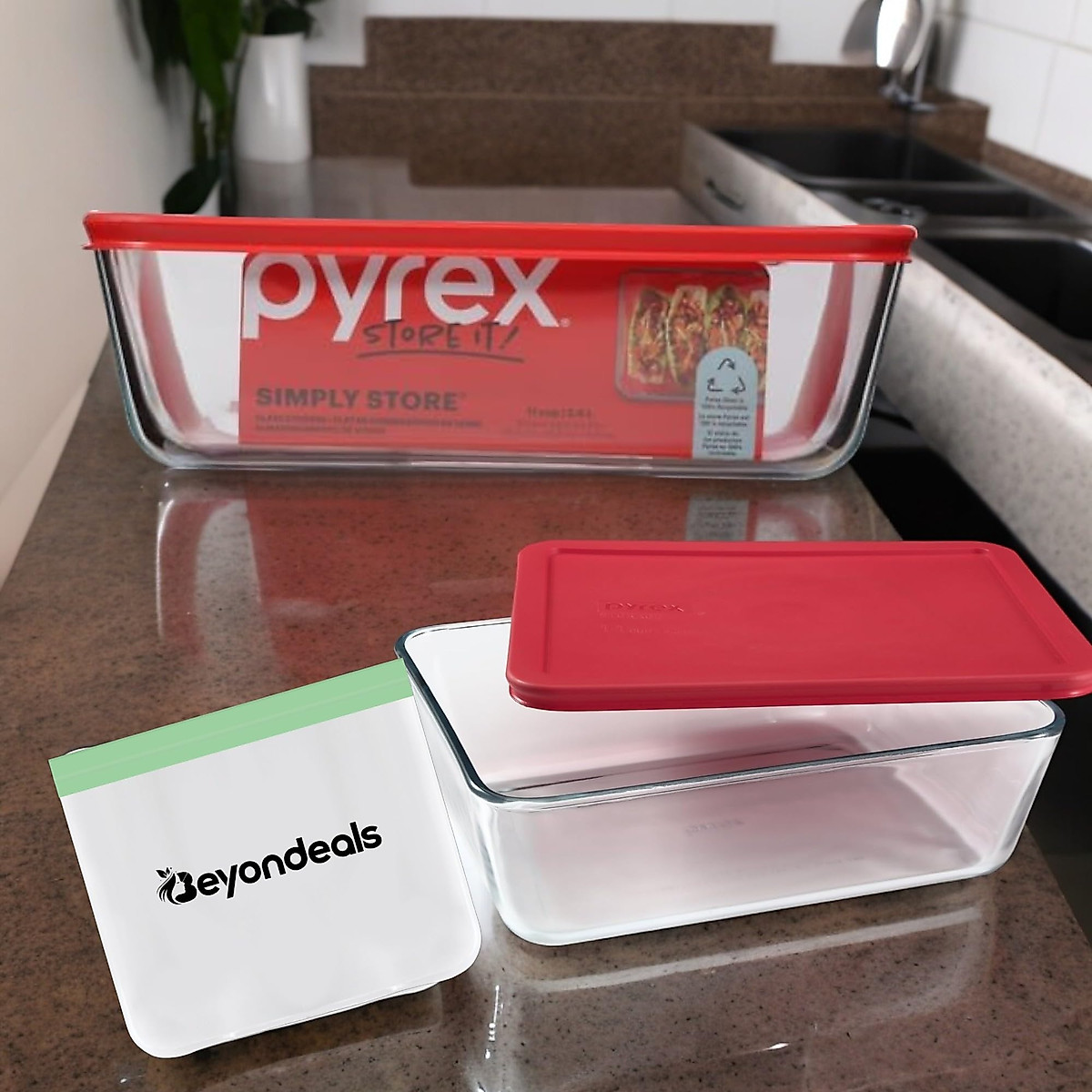 Beyondeals Simply Store 11-Cup Rectangular Glass Food Storage Dish,1.9 Pounds, Bundle Reusable Food Storage Bag -, Leakproof Lids, Kitchen Organization,Glass Storage Dishes [Pack Of 2]