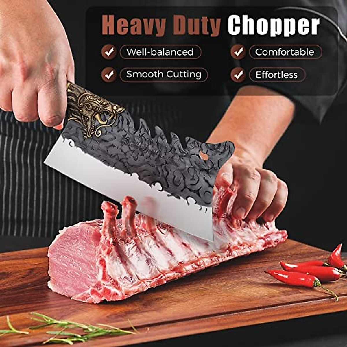 ROCOCO Cleaver Knife Meat Cutting Heavy Duty 8.6" Large Hand Forged Chinese Bone Vegetable Dragon Butcher Chopper Viking Cutter for Kitchen Outdoor with Sheath Father's Mother's Day Birthday Gift Men