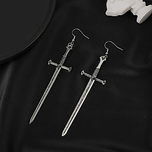 Fuqimanman2020 Unique Retro Gothic Long Sword Hook Earrings Vintage Silver Punk Style Knife Dangle Drop Earrings for Women