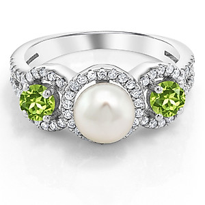 Gem Stone King 925 Sterling Silver Cultured Freshwater Pearl and Green Peridot Ring For Women (1.40 Cttw, Gemstone Birthstone, Available In Size 5, 6, 7, 8, 9)