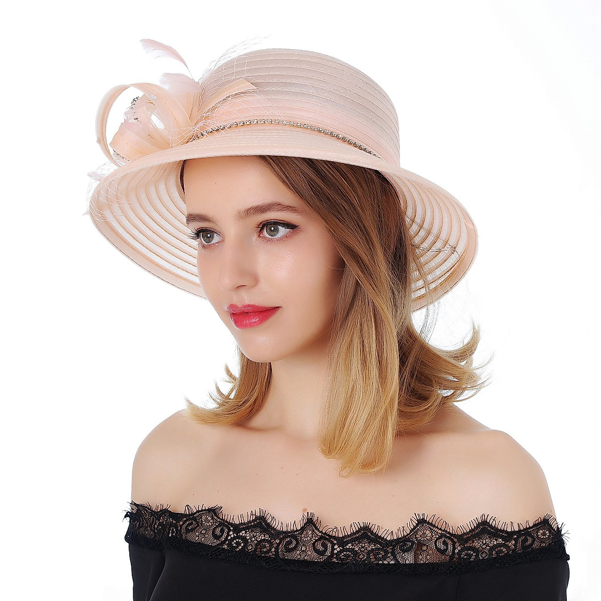 DANTIYA Women's Bowler Church Cloche Hat Bling Bing Organza Bridal Dress Cap (Pink, One Size)