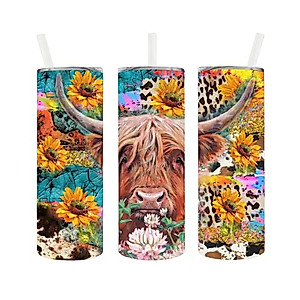 Highland Cow Floral Tumbler Sublimation Wrap - Ready to Press Sunflower Transfer - Cows, 20 oz Straight Tumbler, Tumbler Transfer, Farm