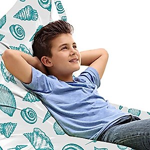Lunarable Seashells Lounger Chair Bag, Hand Drawn Style Illustration of Various Tropical Exotic Underwater Elements, High Capacity Storage with Handle Container, Lounger Size, Teal and White