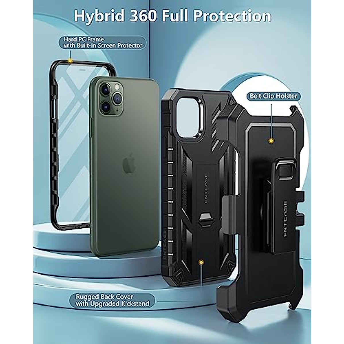 FNTCASE for iPhone 11 Pro Max Case: with Belt-Clip Holster & Built-in Screen Protector & Kickstand, Full-Body Dual Layer Rugged Heavy Duty Military Shockproof Protective Cell Phone Cover -Black