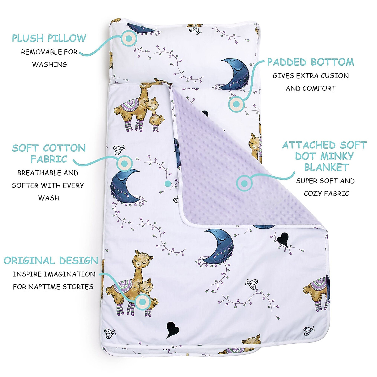 JumpOff Jo - Toddler Nap Mat - Sleeping Bag for Kids with Removable Pillow and Ultra Soft Blanket for Preschool, Daycare, and Sleepovers - Llama & Mama