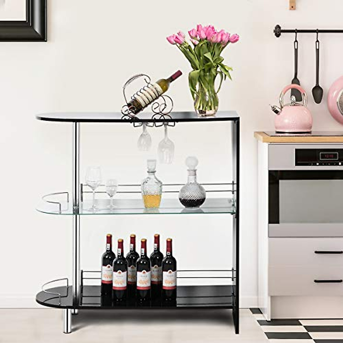 COSTWAY Bar Cabinets Table with 2-Holder, Modern Liquor Display Bar Cabinet with Tempered Glass Shelves, Wine Storage with Wine Glass Holders Ideal for Home/Kitchen/Bar/Pub, Black