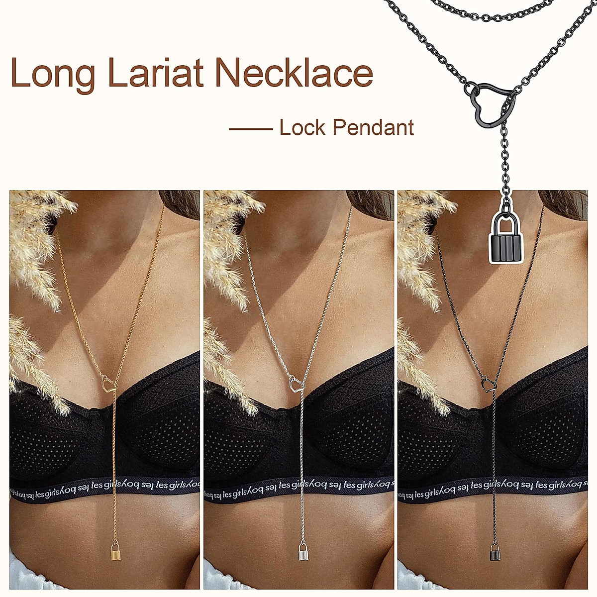 FOCALOOK Black Long Necklaces for Women Y Shaped Lariat Chain Drop Lock Pendant Necklace
