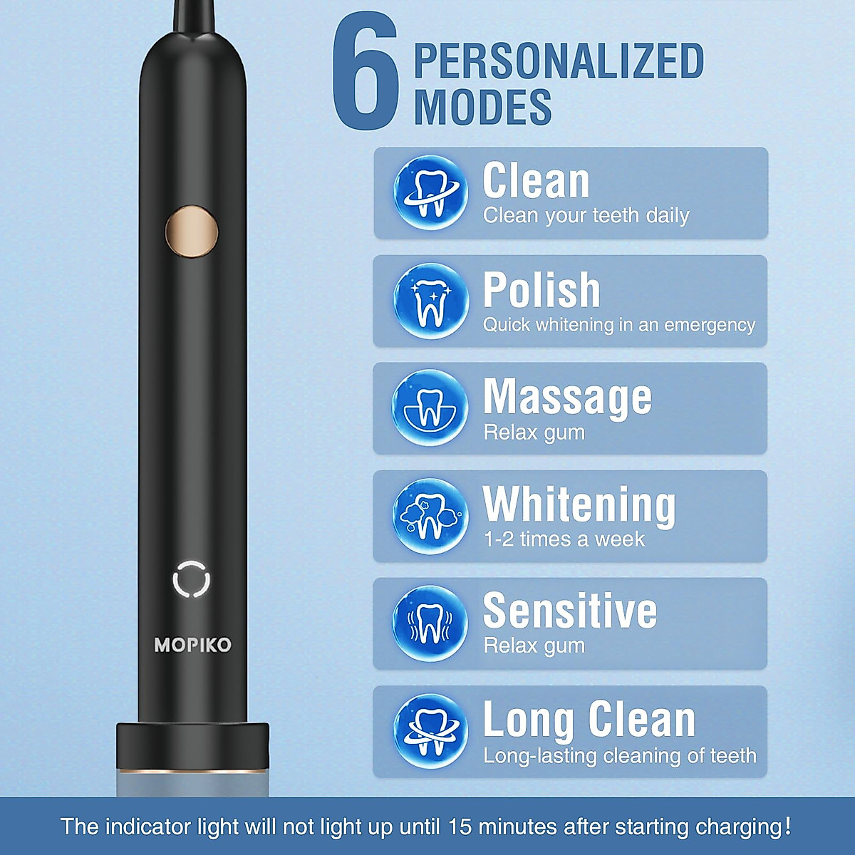 MOPIKO Electric Toothbrush for Adults,Travel Toothbrush Kit,Rechargeable Sonic Electric Toothbrushes with Travel Case and 4 Brush Heads,6 Modes,Cordless Fast Charge,Smart Timer (Black)
