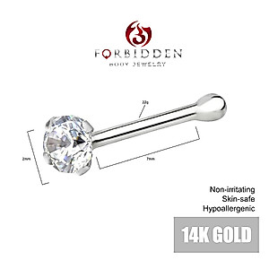 Forbidden Body Jewelry FBJ 14k White Gold Nose Ring, 22g, Solid 7mm Micro Stud, 2mm CZ Simulated Diamond, Non-Irritating Skin Safe Real Gold, Women/Men (Sold Individually)