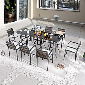 LOKATSE HOME Bar Stools Counter Height Chair Set of 8 Patio Furniture with Armrest for Garden Pool Lawn Backyard, Beige