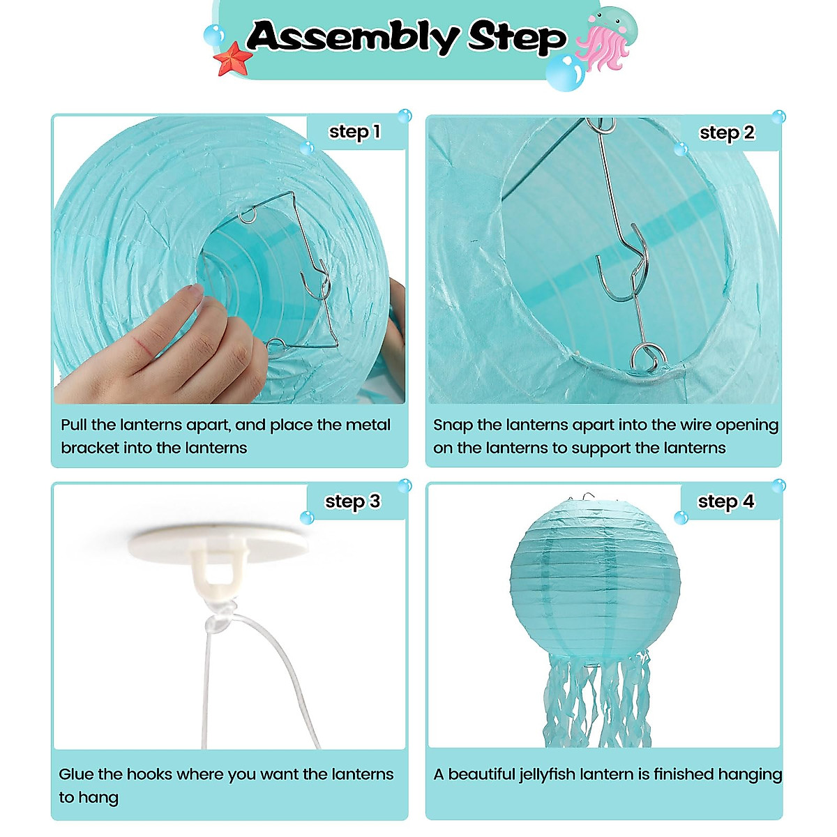 GAILROSO Jelly Fish Paper Lanterns, 6 Pack Jellyfish Lanterns (Pink, Blue, Purple) with String and Hooks, Hanging Jellyfish Decor for Under The Sea, Ocean Party