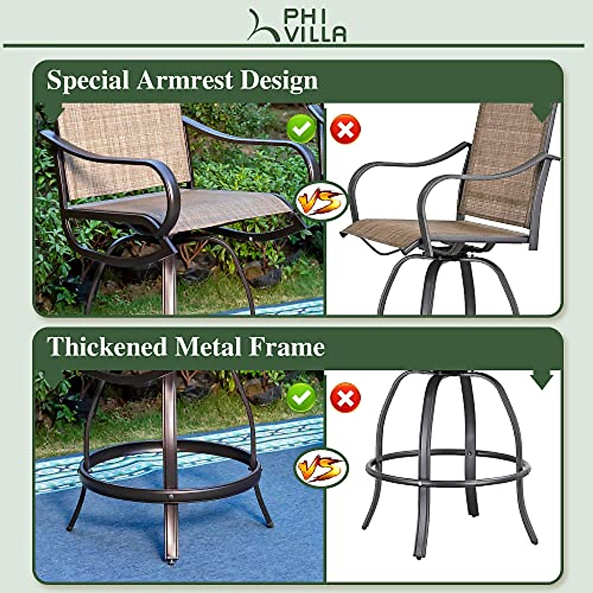 PHI VILLA Outdoor Patio Swivel Bar Stools Set of 2, Quick-Drying and Metal Frame Durable and Sturdy, Waterproof, Rustproof,UV-Resistant for Garden, Yard, Poolside