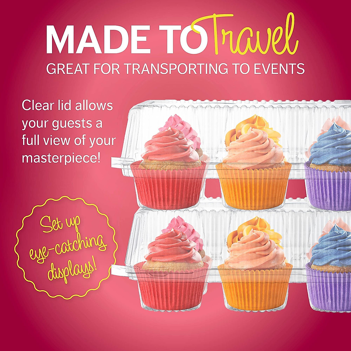 Plastic Cupcake Containers Boxes | 6 Compartment – 40 Pack | Disposable High Dome Dozen Cupcake Holder With Lid Bulk | Extra Sturdy Stackable Cupcake Boxes | Durable Muffin Packaging Transporter To Go