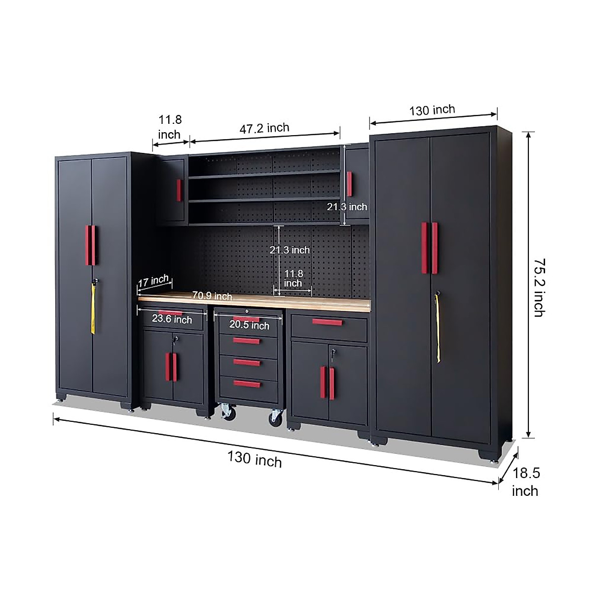 4utoHydra 9-Pcs Workshop Cabinet Set in Black with Workbench - Perfect for Organizing Garage and Tools - Included Steel Cabinets Drawers Shelving Rolling Chest, RD-QGPGC103000