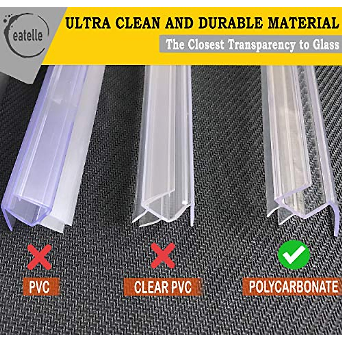 eatelle Frameless Shower Door Bottom Seal with Drip Rail - 1/2" (12mm) Thick Glass, 36" Long Sweep - Glass Door Seal Strip Ultra Clear Durable Polycarbonate Stop Shower Leaks