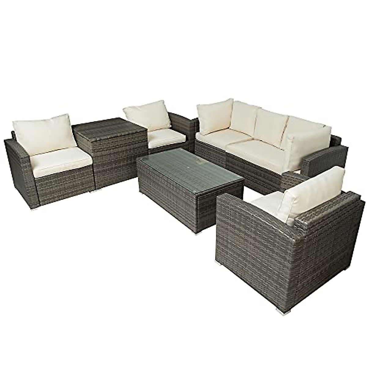 BIADNBZ Patio Furniture Sets 7-Piece Outdoor Coversation Sofa with Chairs,a Loveseat,a Table and a Storage Box for Garden, Beige Cushion