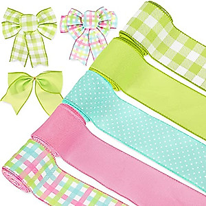 AnyDesign Spring Wired Edge Ribbon 30 Yards Pastel Pink Green Blue Craft Fabric Ribbon Decorative Plaids Dots Patterned Ribbon for Spring Easter Wreath Bow Making DIY Crafts Wrapping Supplies, 5 Roll