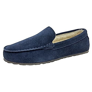 Clarks Mens Suede Moccasin Slippers Warm Cozy Indoor Outdoor Plush Faux Fur Lined Slipper For Men (9 M US, Navy)
