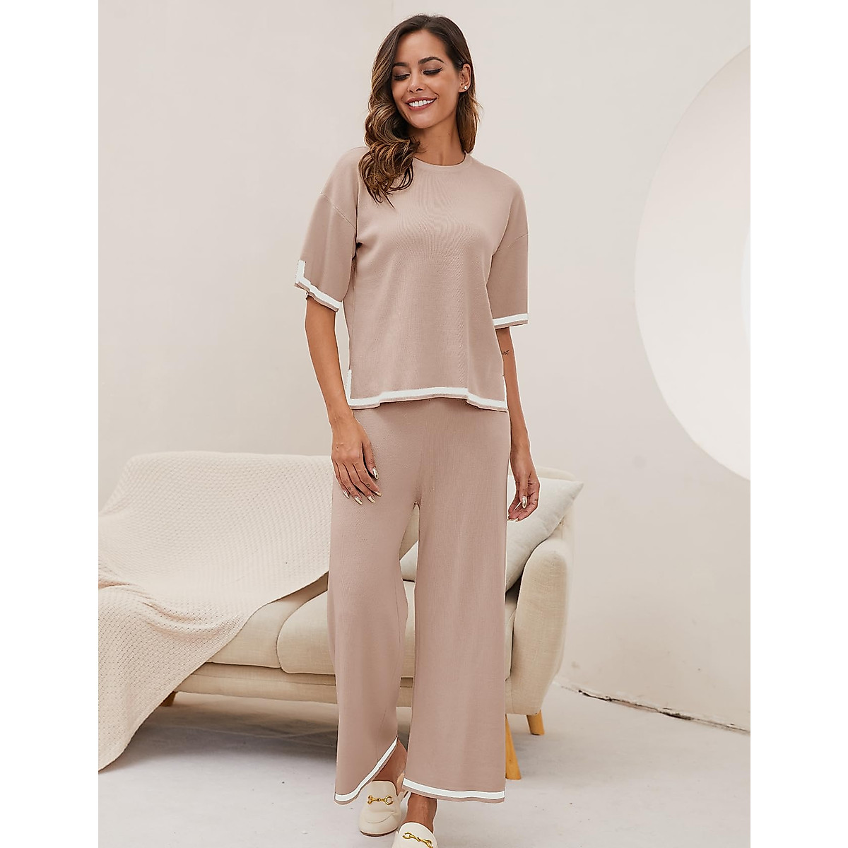 Wyeysyt Women Lounge Sets 2 Piece Sweater Knit Short Sleeve Pullover Tops Wide Leg Pants Elastic Waist Sweatsuits(Khaki-M)
