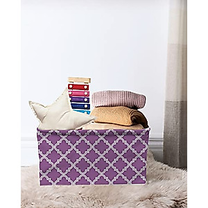 Storage Basket,Geometric Art Moroccan Check Collapsible Storage Bin with Handles Waterproof Foldable Cube Bins Purple Large Organizer Baskets for Shelves Closet Nursery