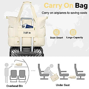 Travel Duffle Bag for Women, Weekender Bag, Gym Bag with Wet Pocket and Shoe Compartment for Overnight, Air Travel Carry on (Beige)