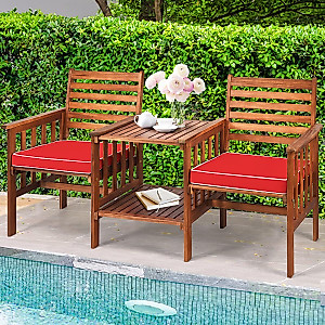 HAPPYGRILL Acacia Wood Loveseat with Table Patio Bistro Set Wooden Table Chairs Set with Cushions, Outdoor Furniture Set with 2.1 inch Umbrella Hole for Garden Balcony