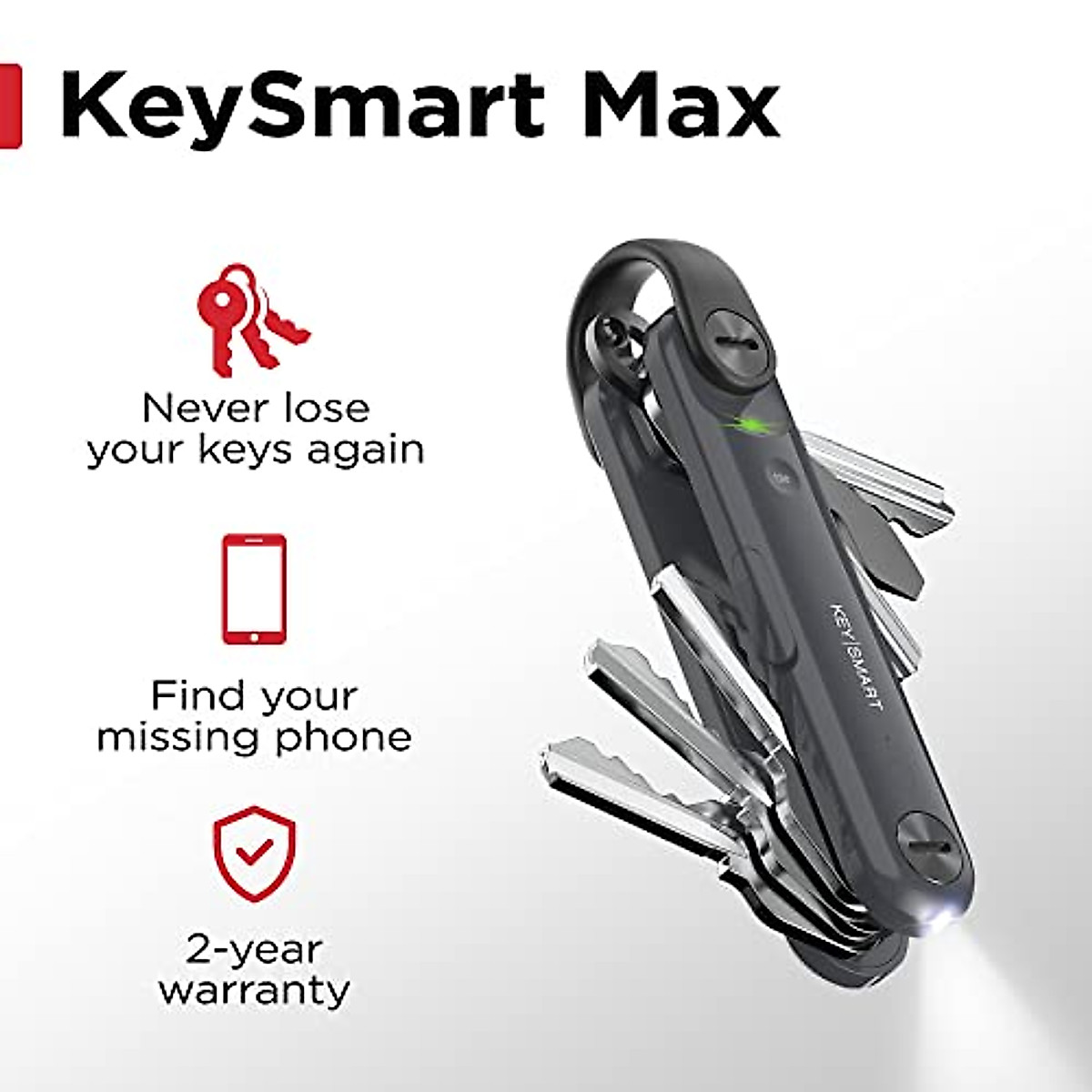 KeySmart Max Trackable Smart Key Organizer - Tile Tech Compact Keychain Key Holder, LED Flashlight, Tile Bluetooth Key Finder, Attach Car Key Fob, Keychain Accessories (up to 14 Keys, Steel Gray)