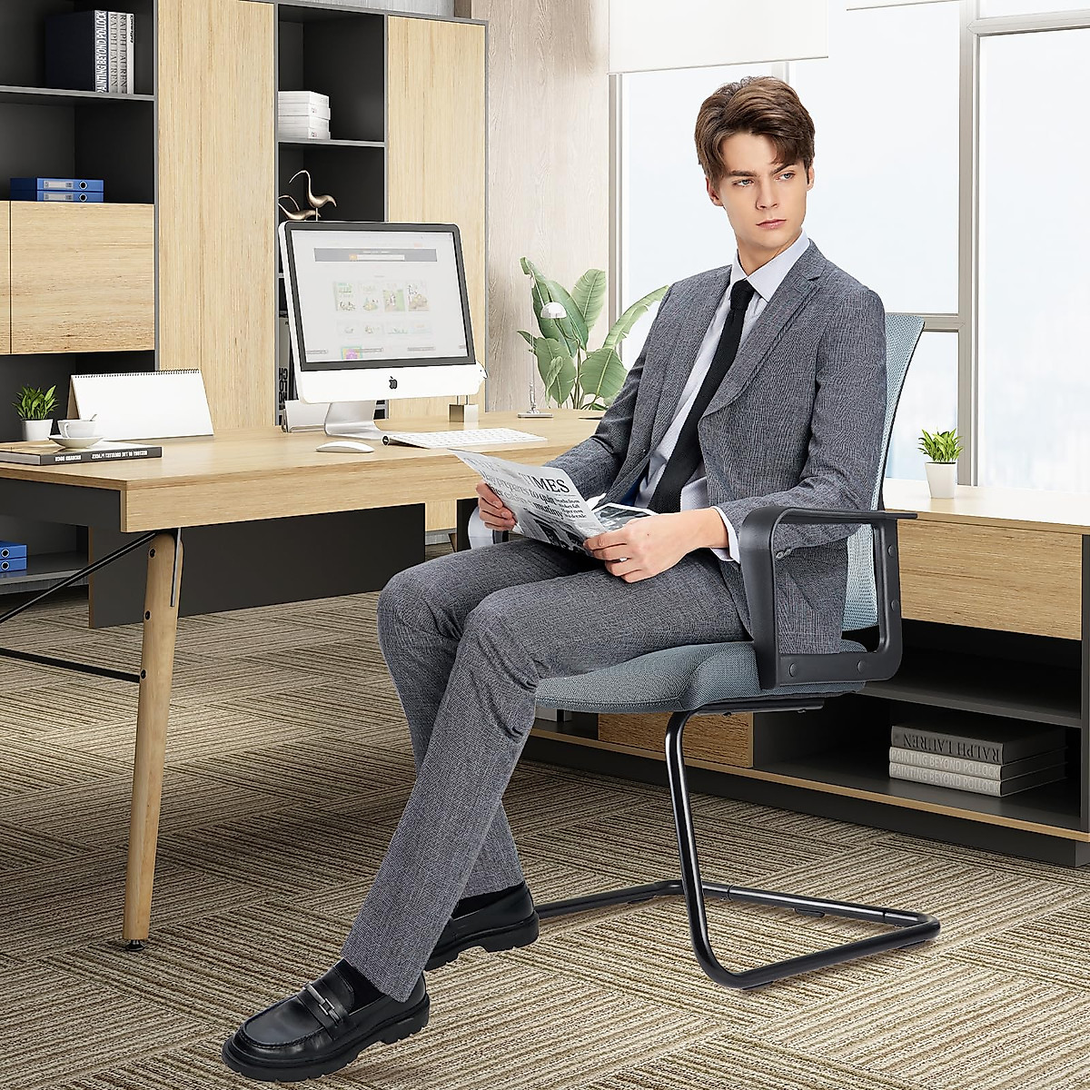 CLATINA Office Guest Chair with Lumbar Support and Mid Back Mesh Space Air Grid Series for Reception Conference Room 2 Pack