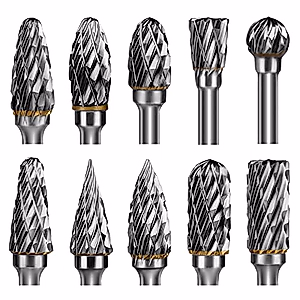 HOMEIDOL Carbide Burr Set Die Grinder Bits Rotary Tool Bits 1/8" Shank 10 PC Double Cut Wood Carving Accessories Cutting Burrs Metal Grinding Engraving Polishing Porting Trimming