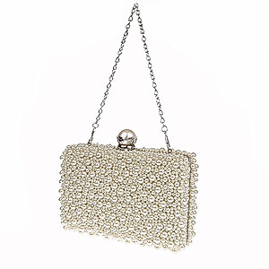 ZAKIA Womens Faux Pearl Beaded Evening Clutch Bag Bridal Wedding Handbag Party Embedded Frame Purse (Cream White)