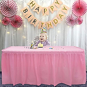 Pink Plastic Table Skirt & Tablecloth Set, 14FT Disposable Table Skirting Includes Table Cover for Rectangle Table, Birthday Party, Baby Shower Decorations