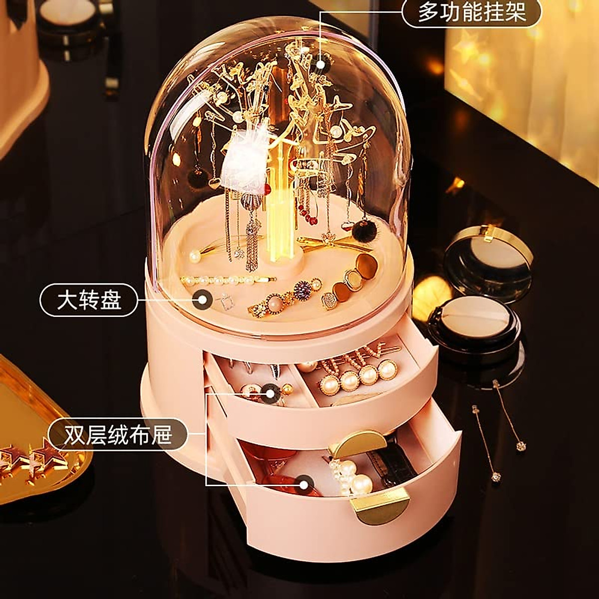 EKAYG Multilayer Jewelry Storage Box Girls Pink Led Lamp Desktop Jewelry Large Capacity 360 Degree Storage Box