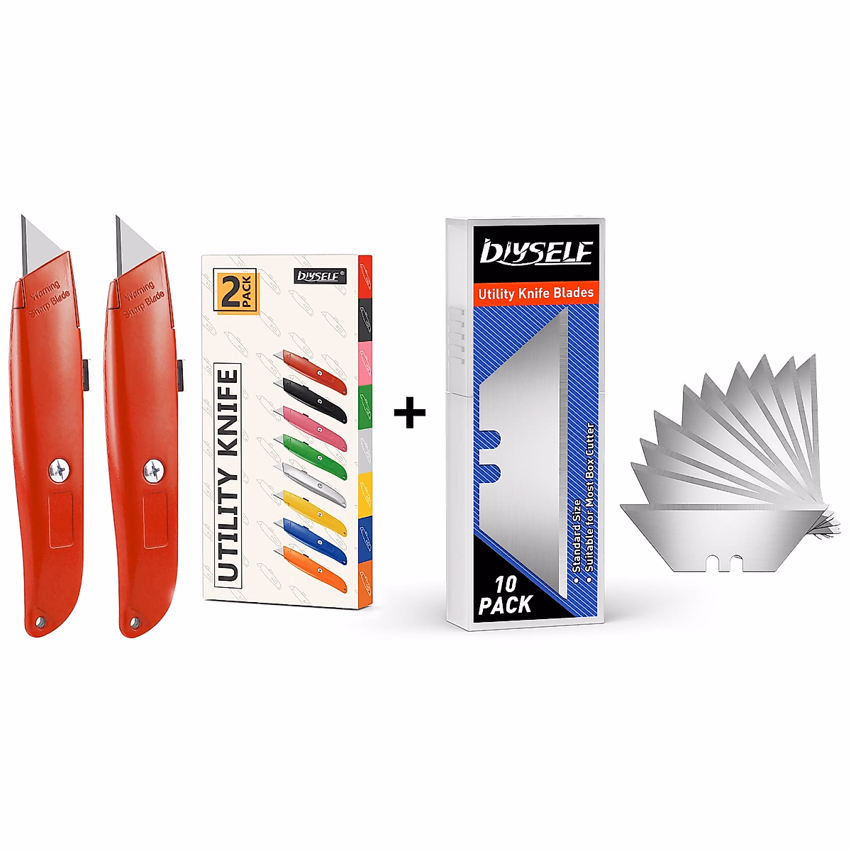 DIYSELF 2 Pack Box Cutter Retractable with 10 Pack Utility Knife Blades, Sharp SK5 Steel Utility Blades, Box Cutters for Cardboard, Paper, Carton(Red)
