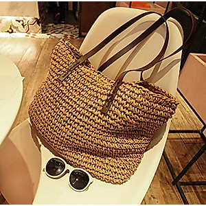Vgift Beach Bags for Women, Large Straw Tote with Zipper for Summer, Khaki