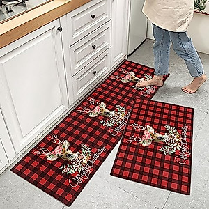 Miaklek Merry Christmas Kitchen Mats for Floor Anti Fatigue Mats for Kitchen Floor Kitchen Rugs Cushioned Mats Non Slip Comfort Standing Kitchen Rugs Set of 2, Xmas Elk Holiday Red Black Check