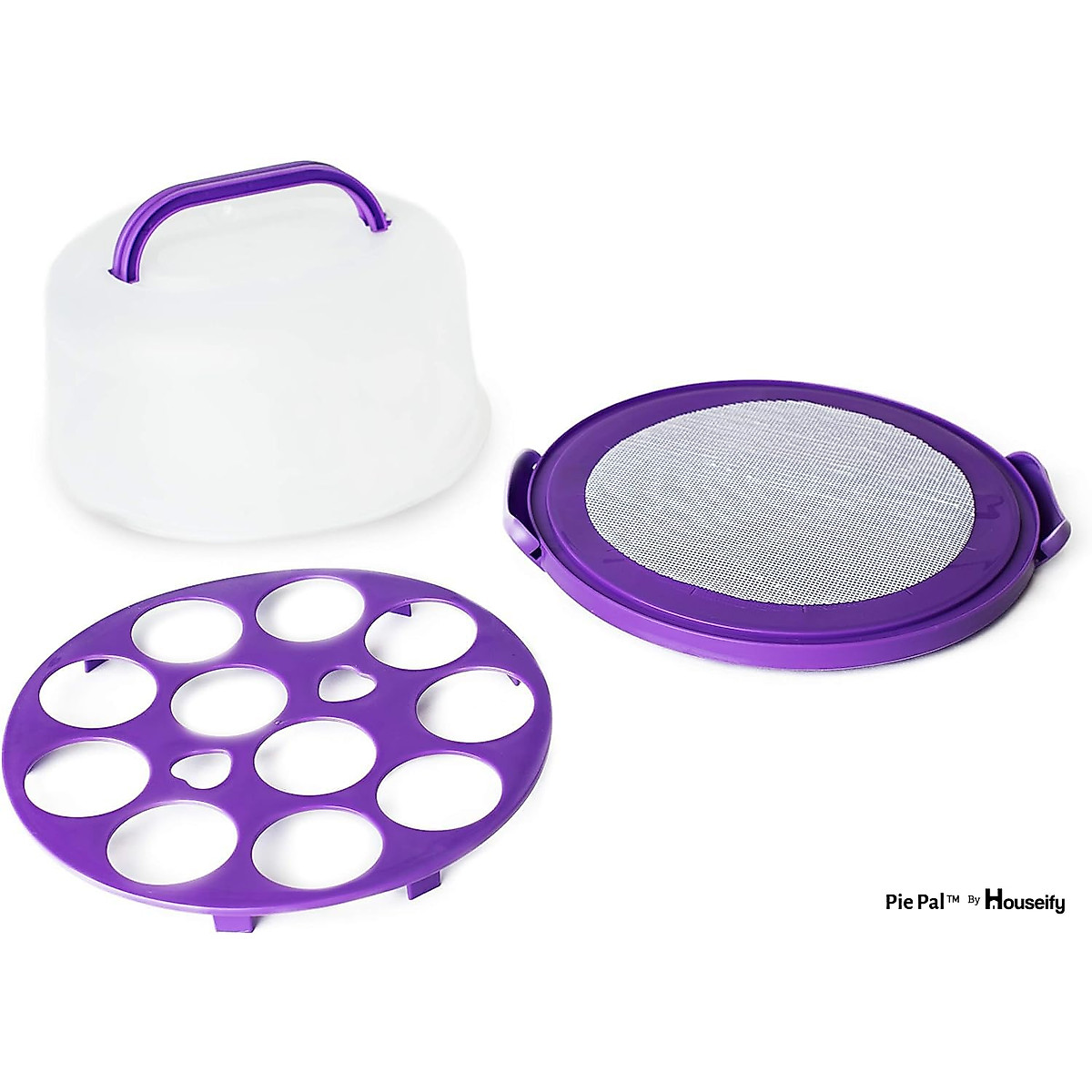 Houseify Purple PIE PAL, Pie & Cake Carrier w/Flat Handle & Domed Lid for Tall Pies & Cakes, Cupcake Storage, Plus Veggie/Fruit/Nut Tray, Fits 9 In. Cakes & Pies